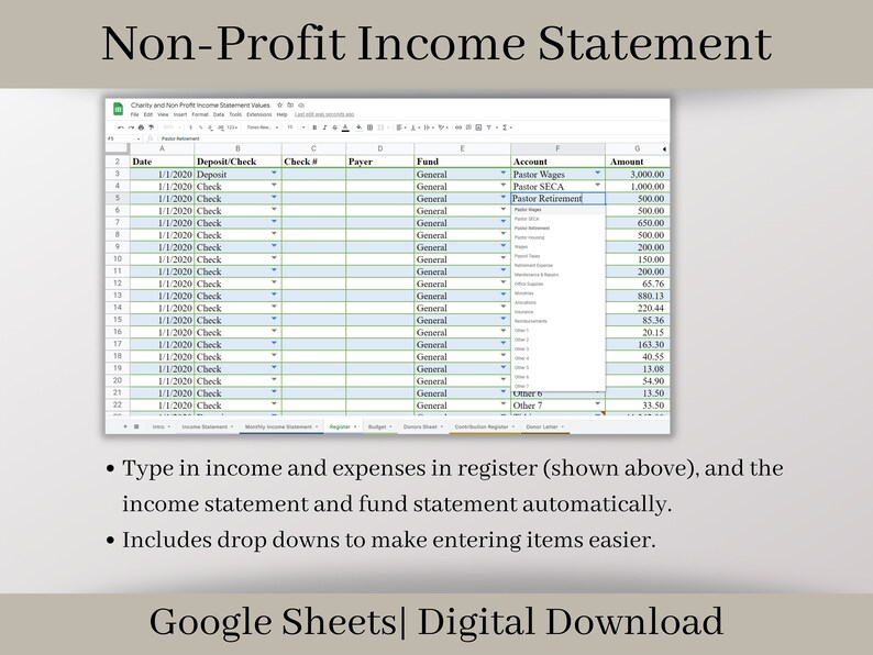 Non-profit Income Statement Google Sheet: Charity & Church Accounting ...