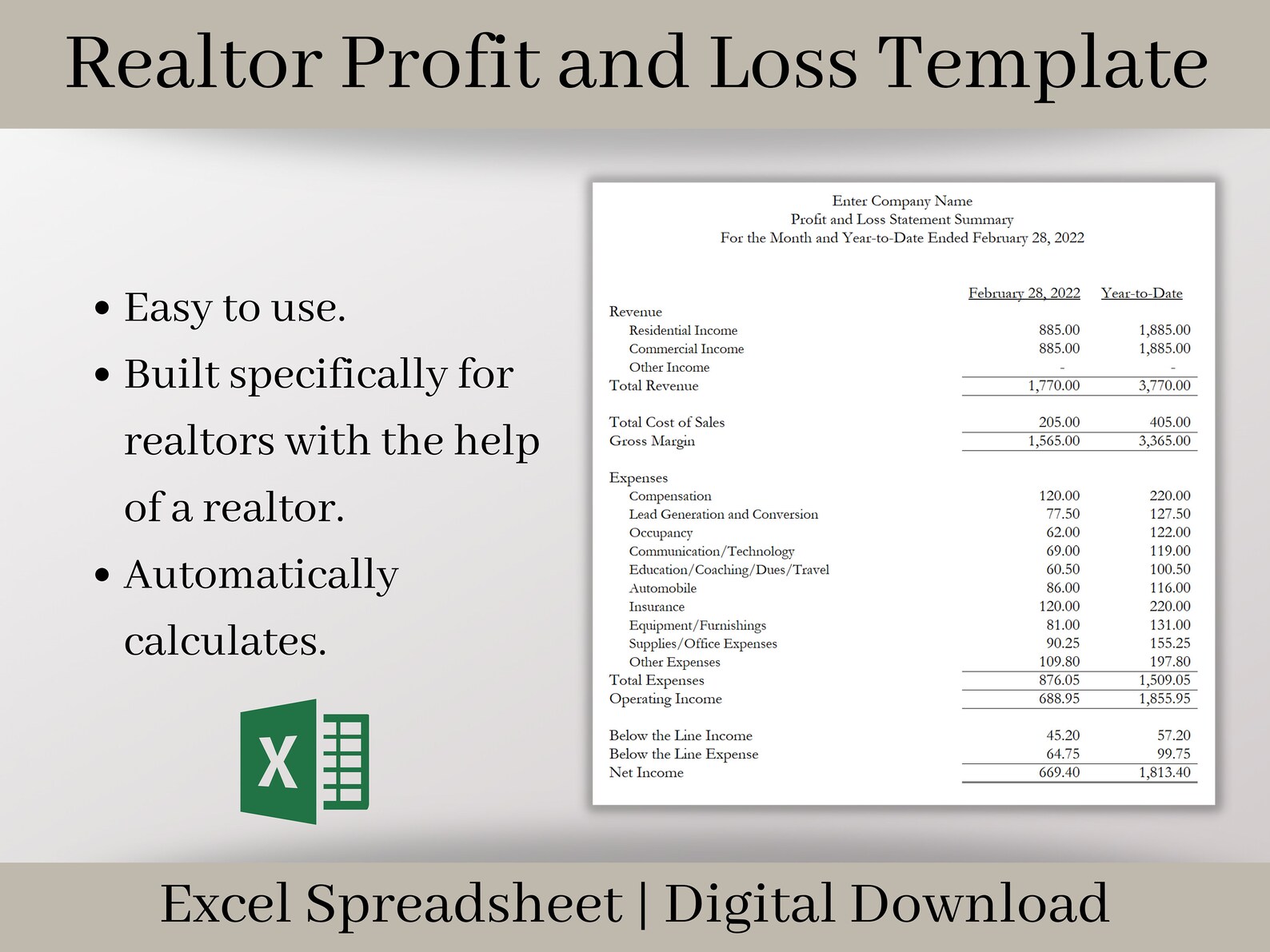 Simple Realtor Automated Profit and Loss Spreadsheet, Easy to Use ...