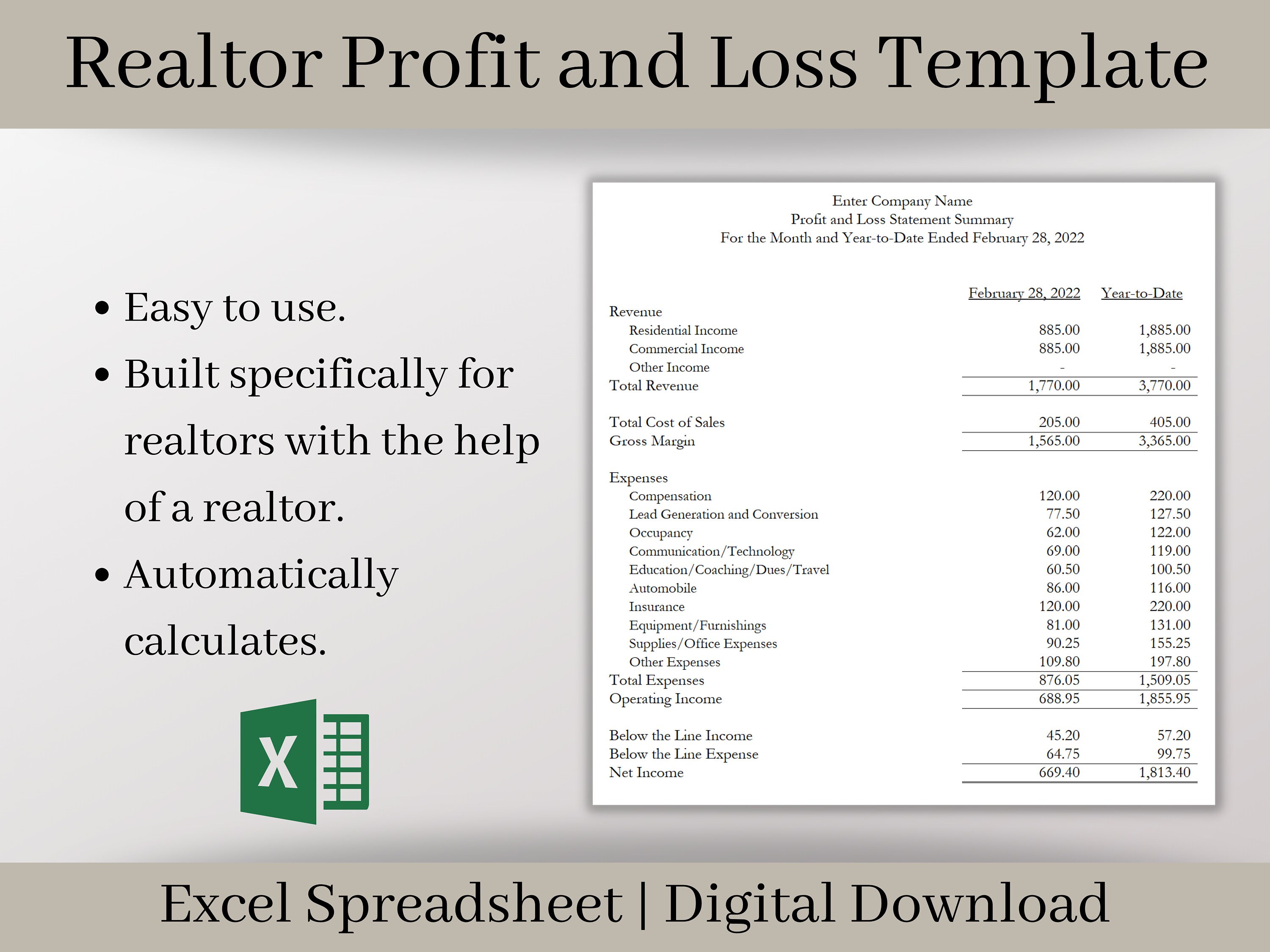 Simple Realtor Automated Profit and Loss Spreadsheet, Easy to Use ...