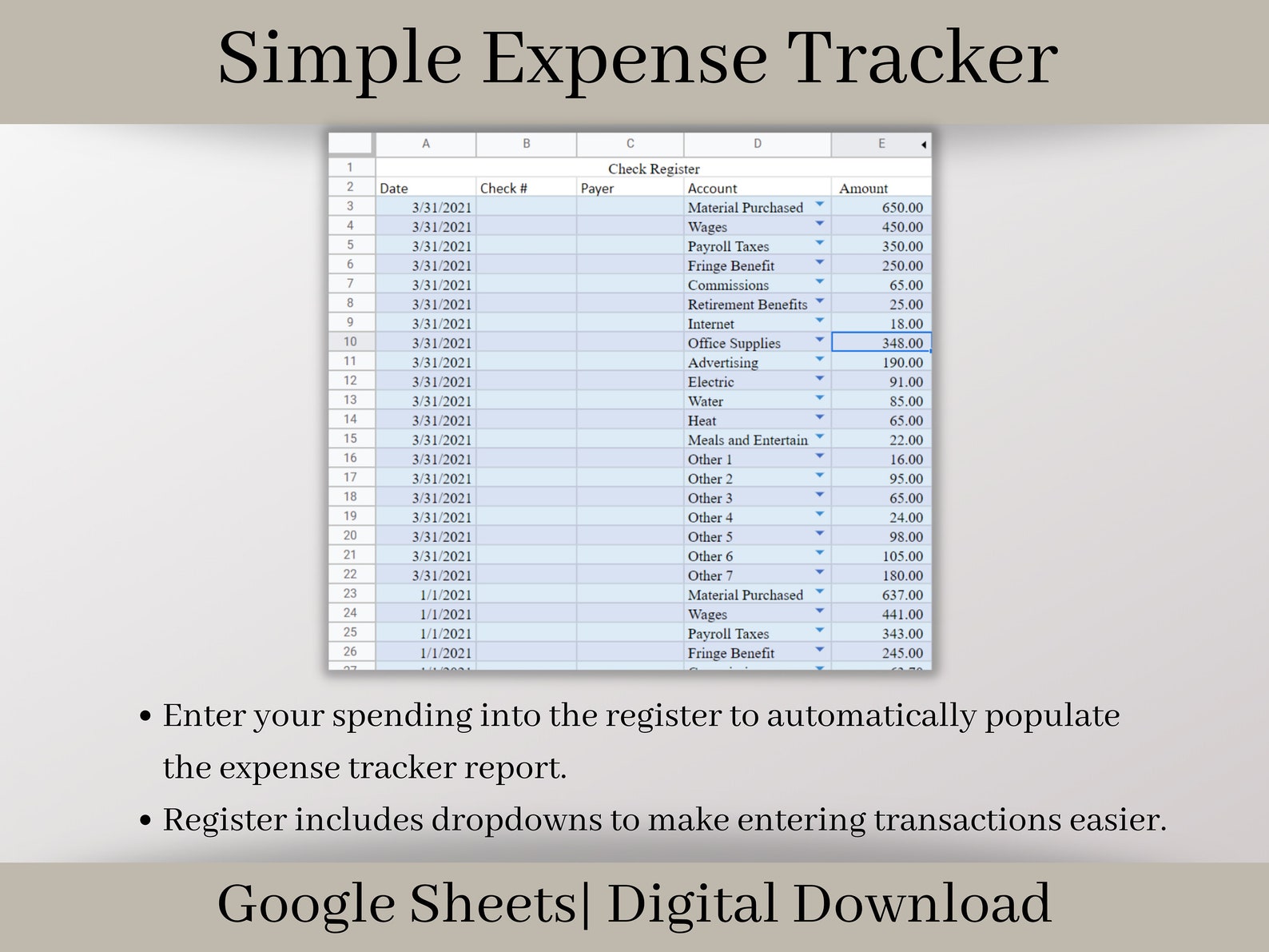 Simple Expense Tracker, Google Sheets, Automatically Calculates and ...