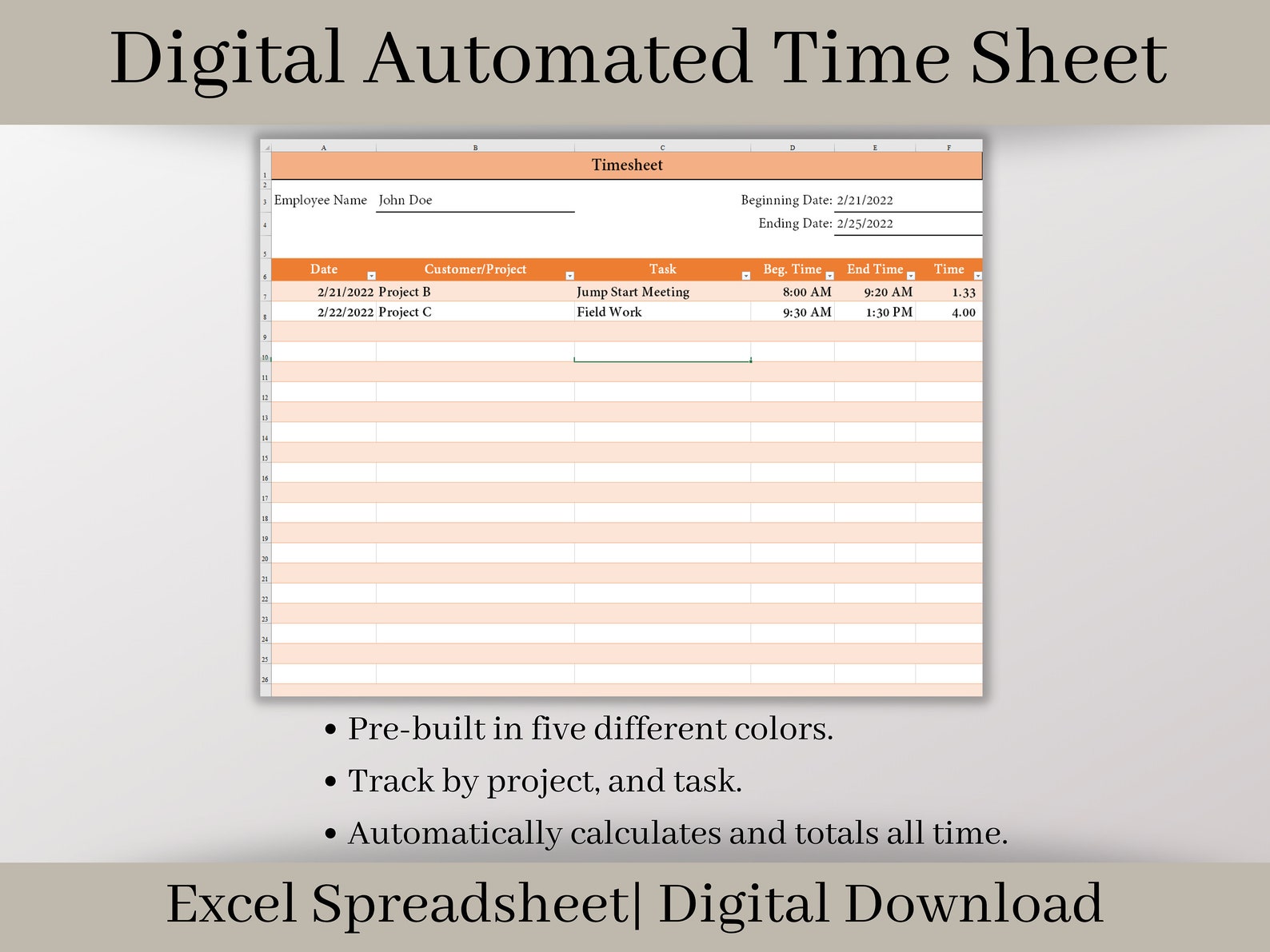 Employee Time Sheet Automated Excel File and PDF Printouts 5 Colors ...