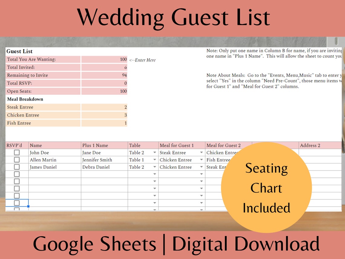 Wedding Guest List and Seating Chart Spreadsheet Google | Etsy