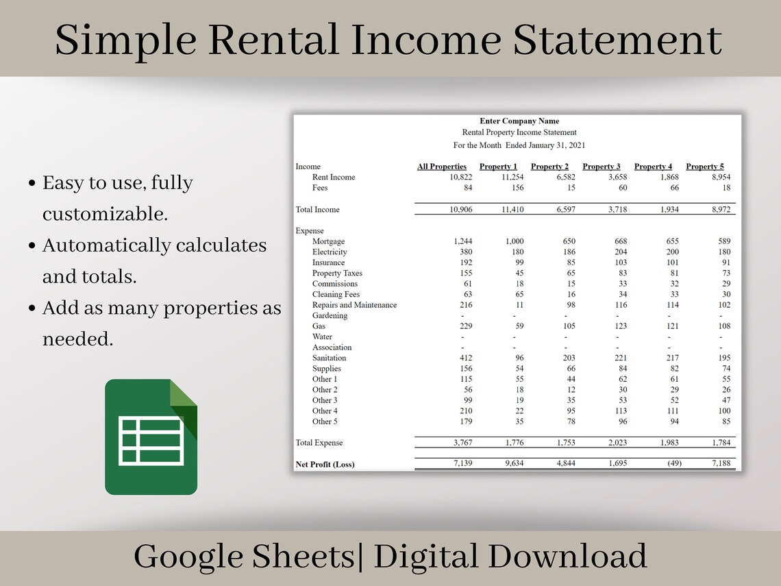 Rental Income Statement Spreadsheet Landlords Template for - Etsy