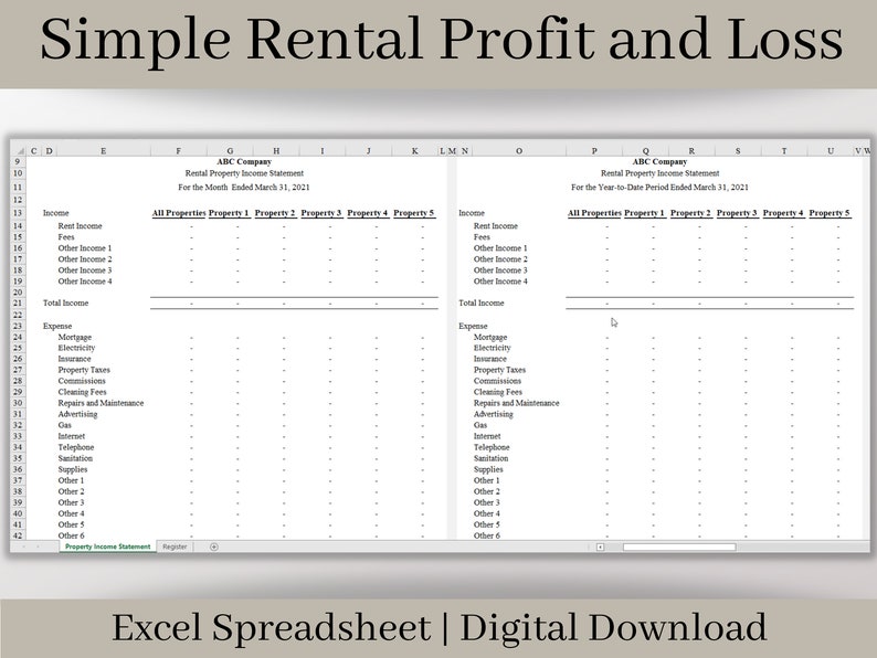 Rental Income Statement Spreadsheet, Custom Fiscal Year, Excel Landlord ...