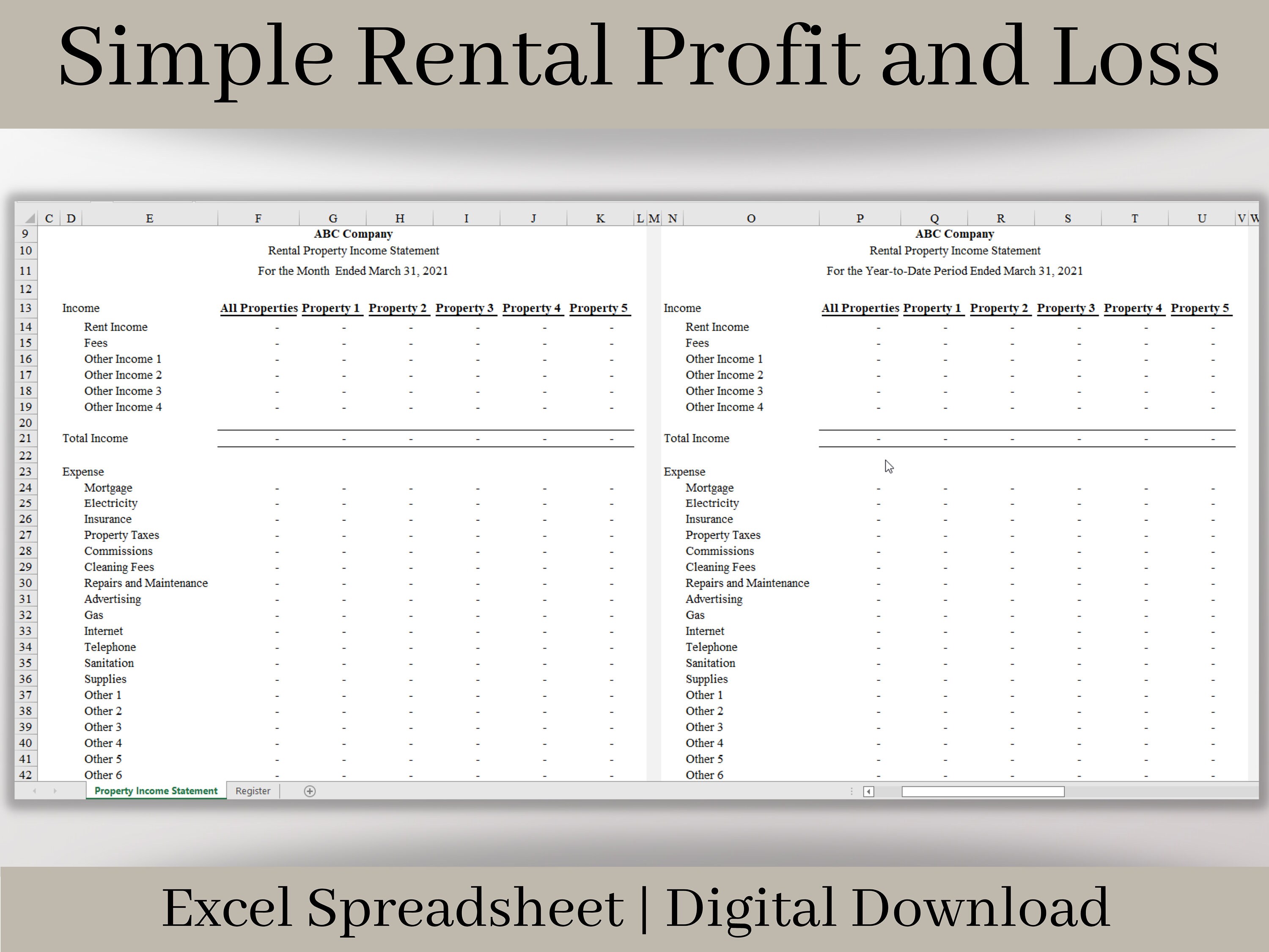 Rental Income Statement Spreadsheet, Custom Fiscal Year, Excel Landlord ...