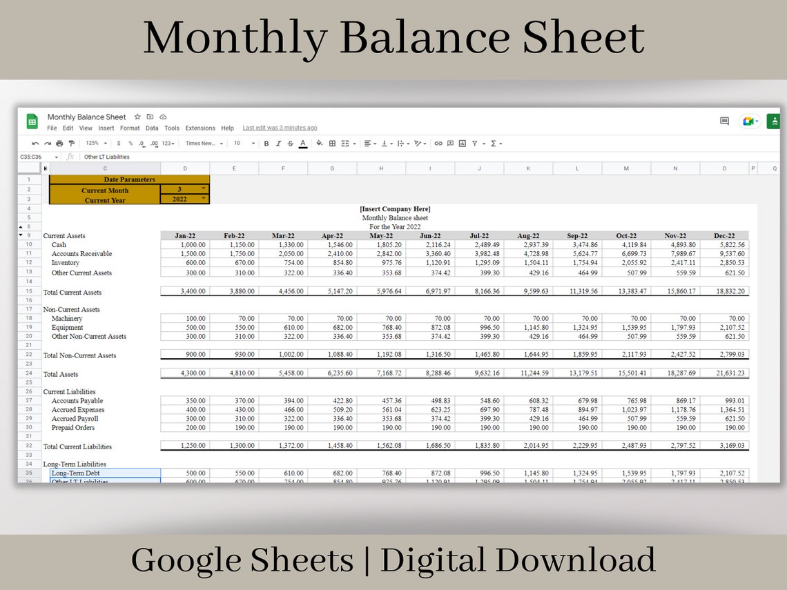 Monthly Balance Sheet, Fillable Google Sheets Template, Track Your ...