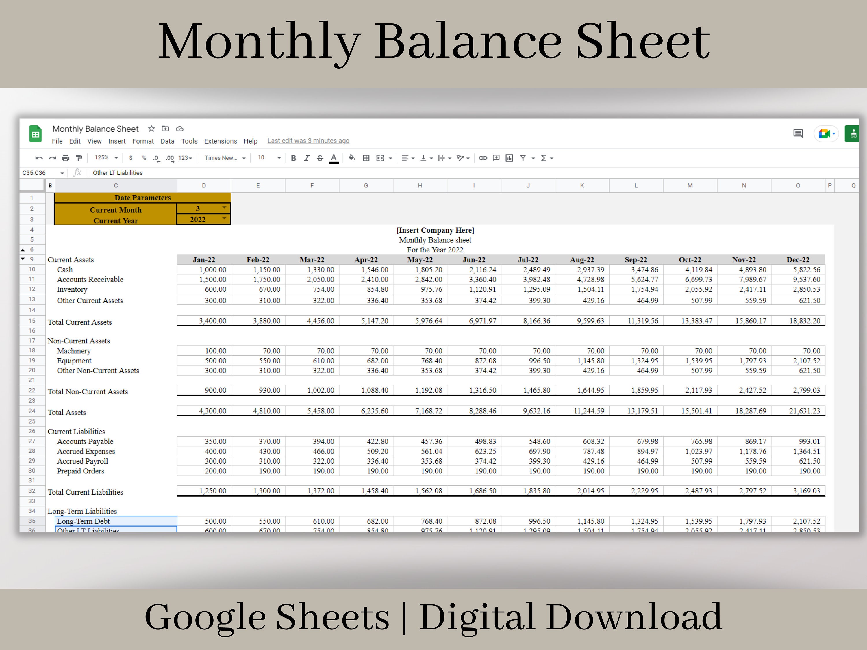 Monthly Balance Sheet, Fillable Google Sheets Template, Track Your ...