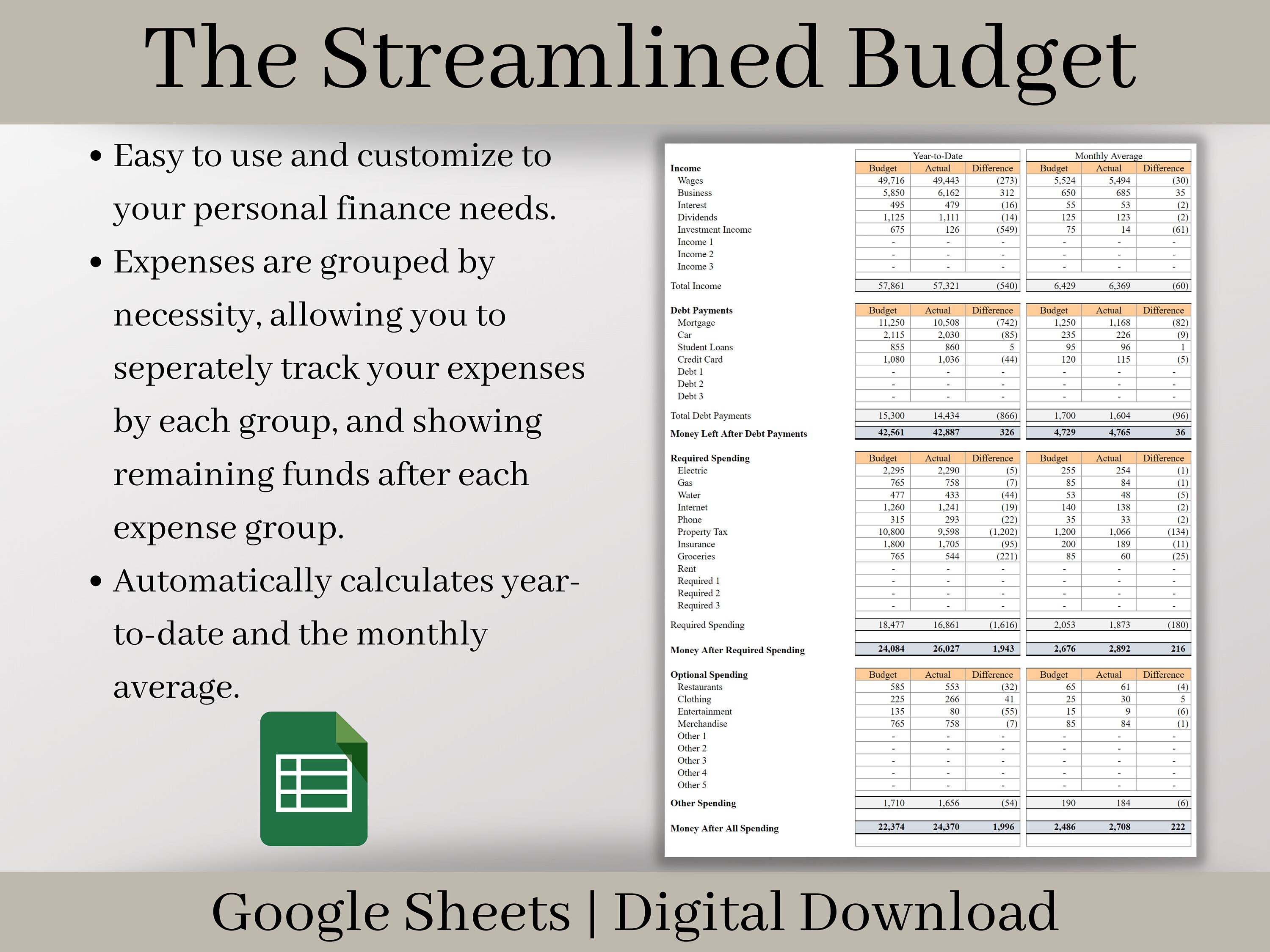 Simple Monthly Budget Spreadsheet Google Sheets Template - Etsy
