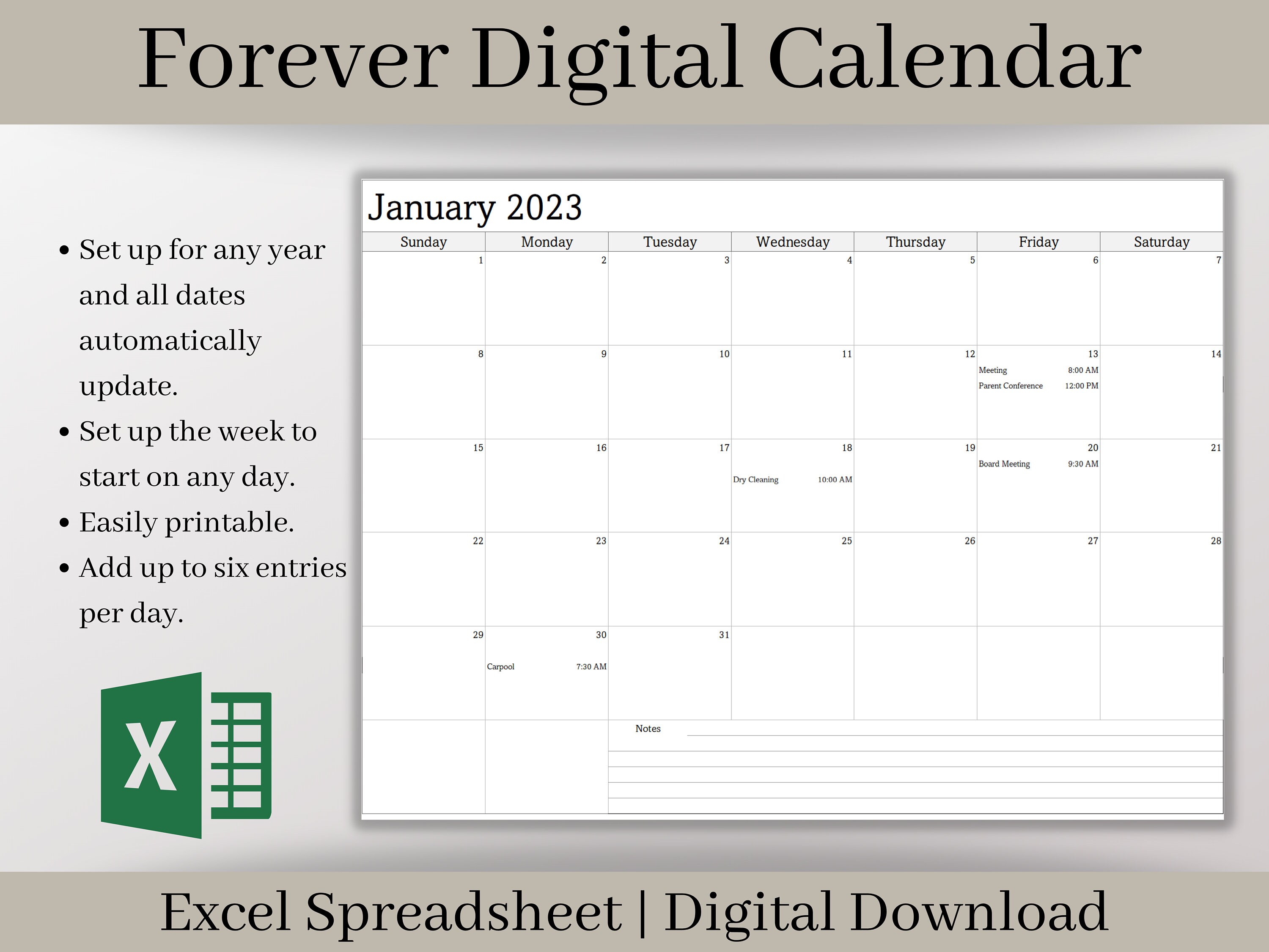 Digital Monthly Calendar, Excel Digital Monthly Planner Template, Use ...