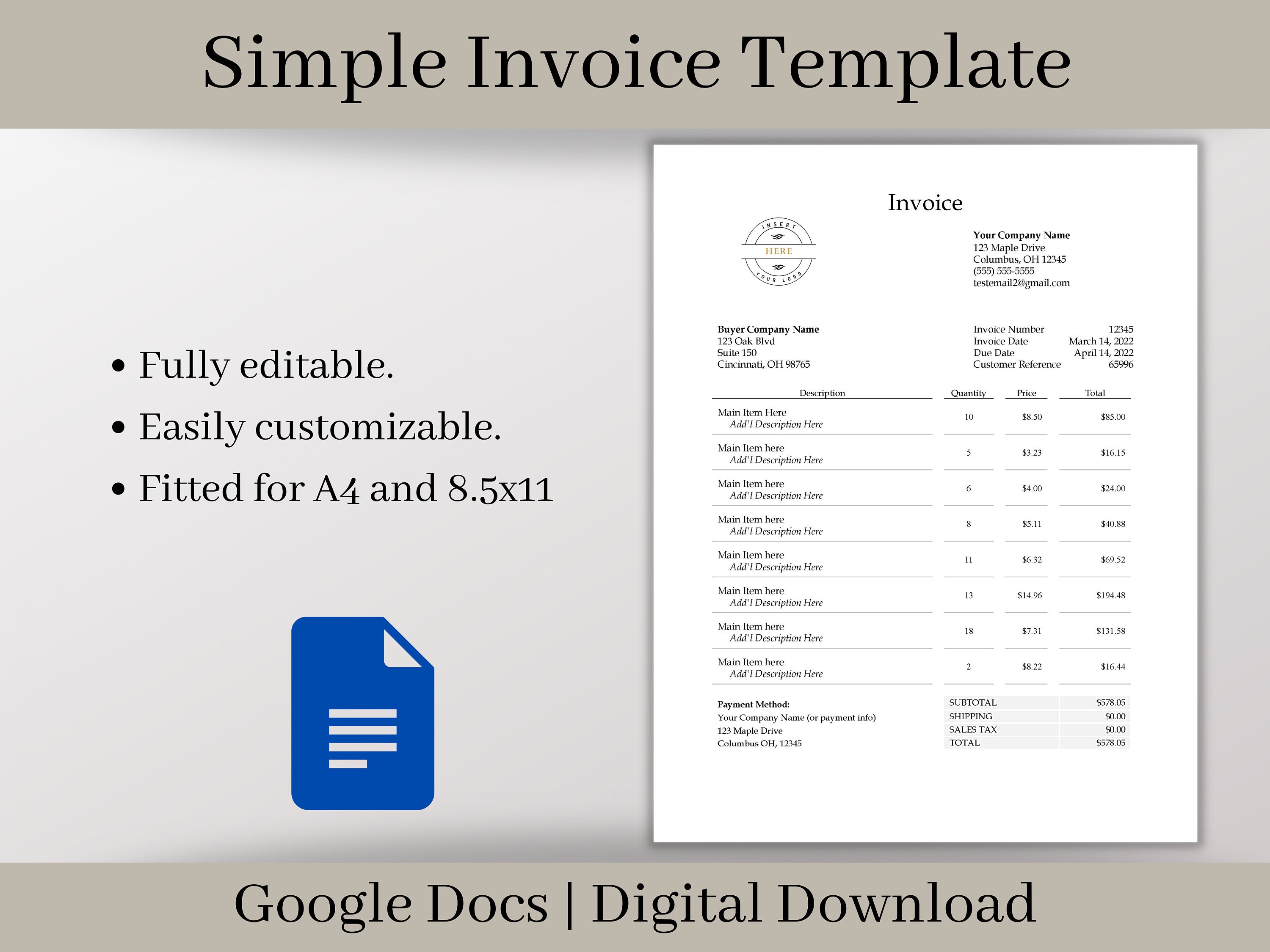 Simple Invoice Template, Google Docs Template Download, A Perfect, Easy ...
