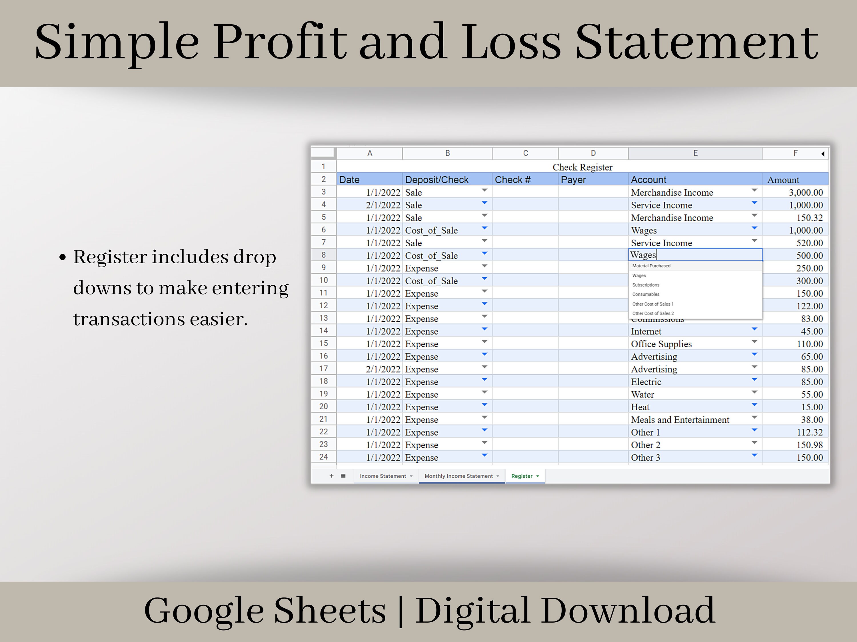 Automated Profit and Loss Statement, Google Sheets Template, Easy ...