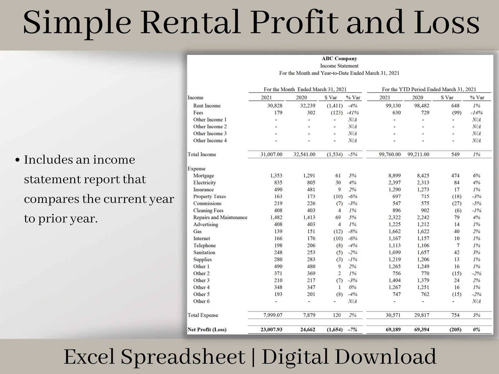 Rental Income Statement Spreadsheet and Bank Reconciliation Tool, Excel ...