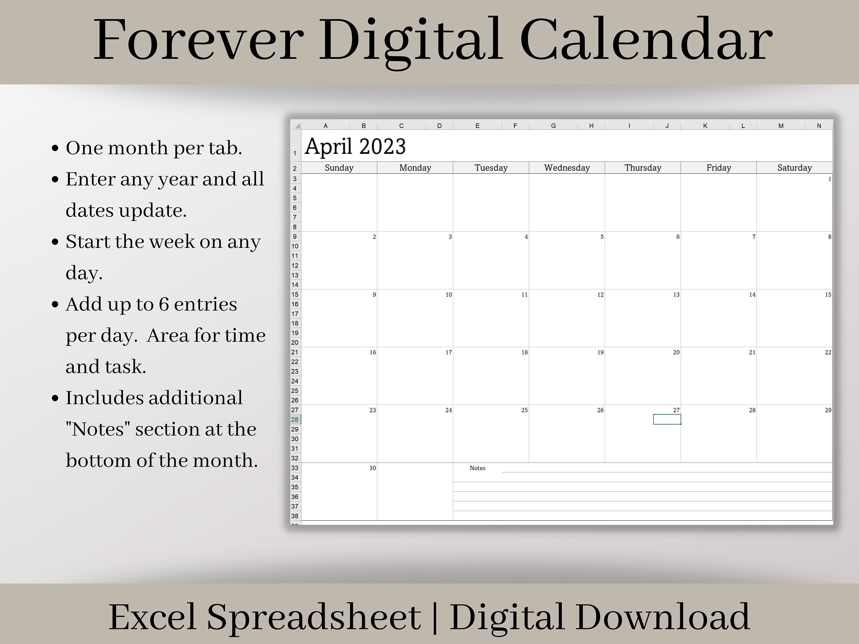 Digital Monthly Calendar, Excel Digital Monthly Planner Template, Use ...