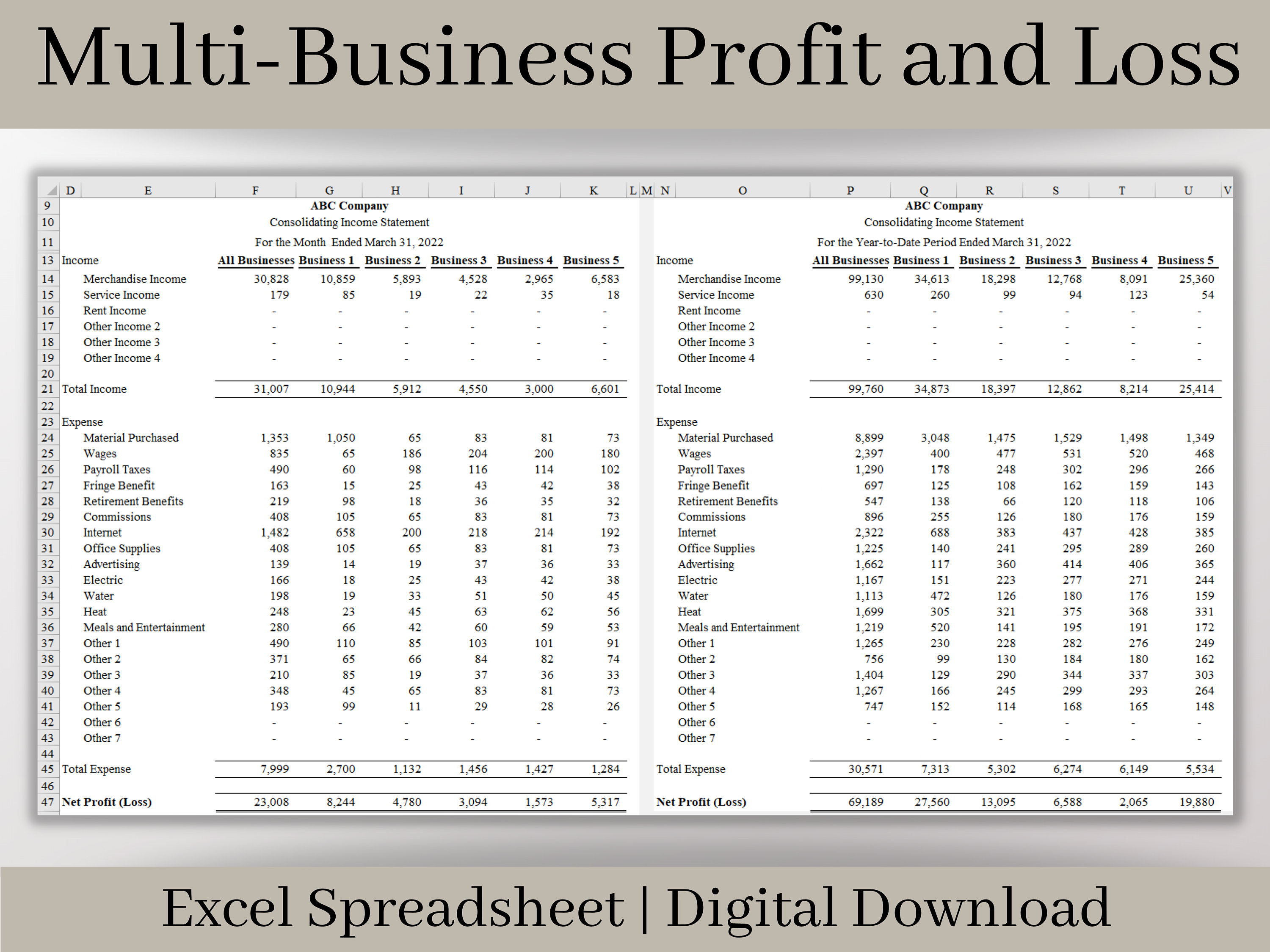 Multi-business Profit and Loss Spreadsheet, Google Sheets Small ...