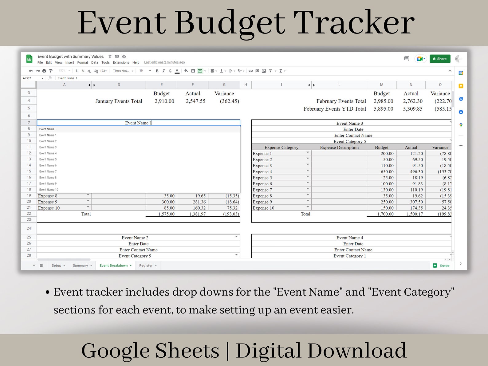 Event Budget Tracker: Google Sheets Template (digital Download) - Etsy