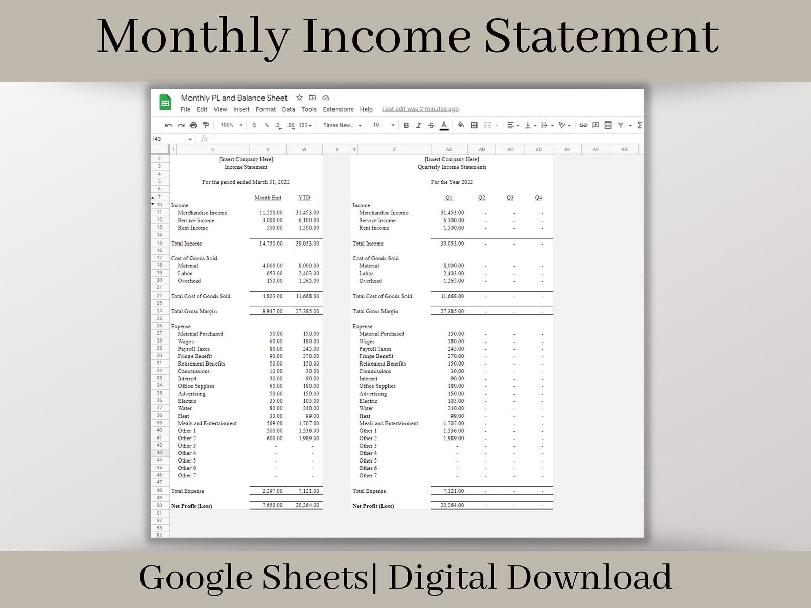 Monthly Income Statement, Monthly Profit and Loss, Easily Fillable and ...