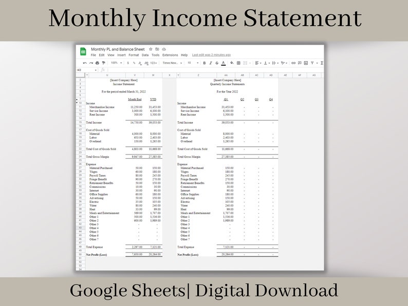 Monthly Income Statement, Monthly Profit and Loss, Easily Fillable and ...