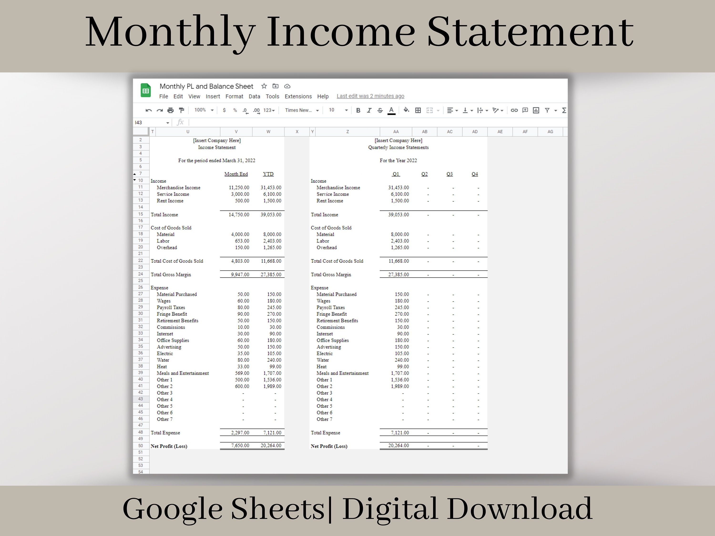 Monthly Income Statement, Monthly Profit and Loss, Easily Fillable and ...