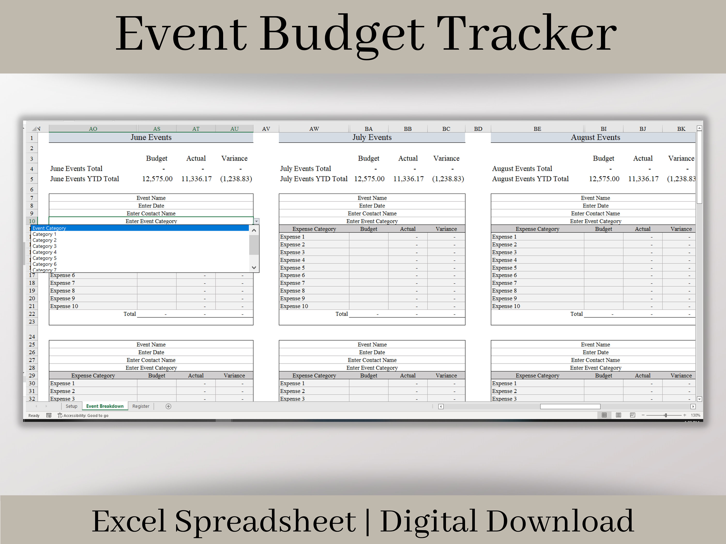 Event Expense Tracker Spreadsheet and Event Planner, Excel Template ...