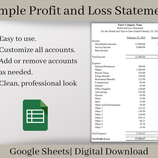 Simple Profit and Loss Statement - Etsy