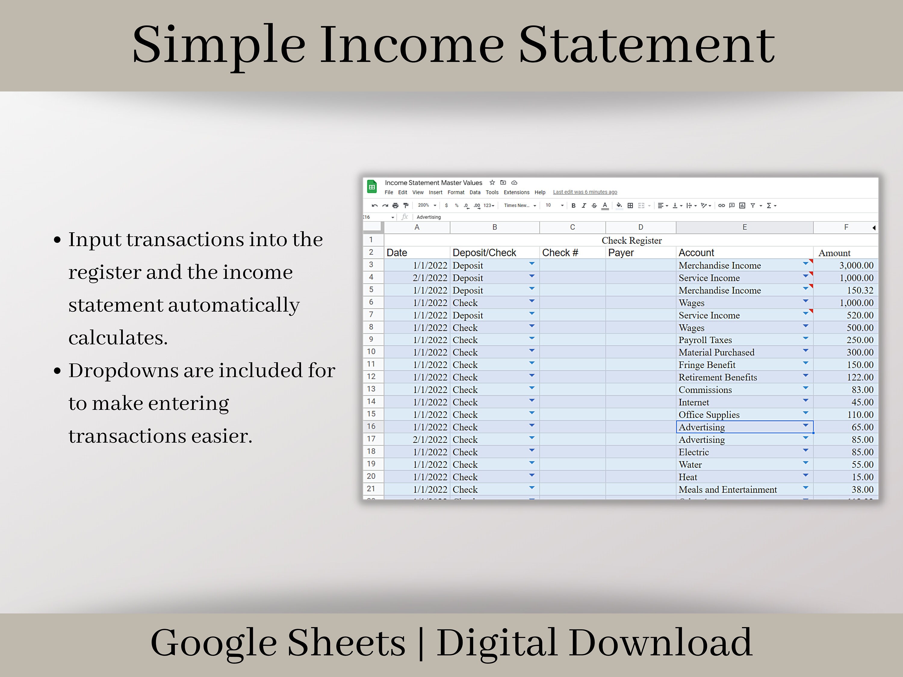 Simple Bookkeeping Template and Income Statement, Easy to Use Google ...