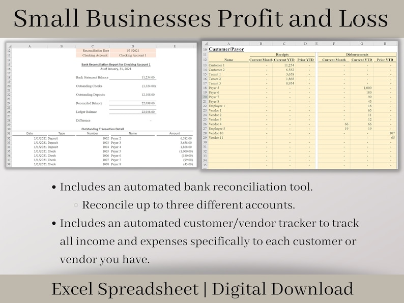 Small Business Bookkeeping Template | Profit and Loss Excel Spreadsheet | Income and Expense ...