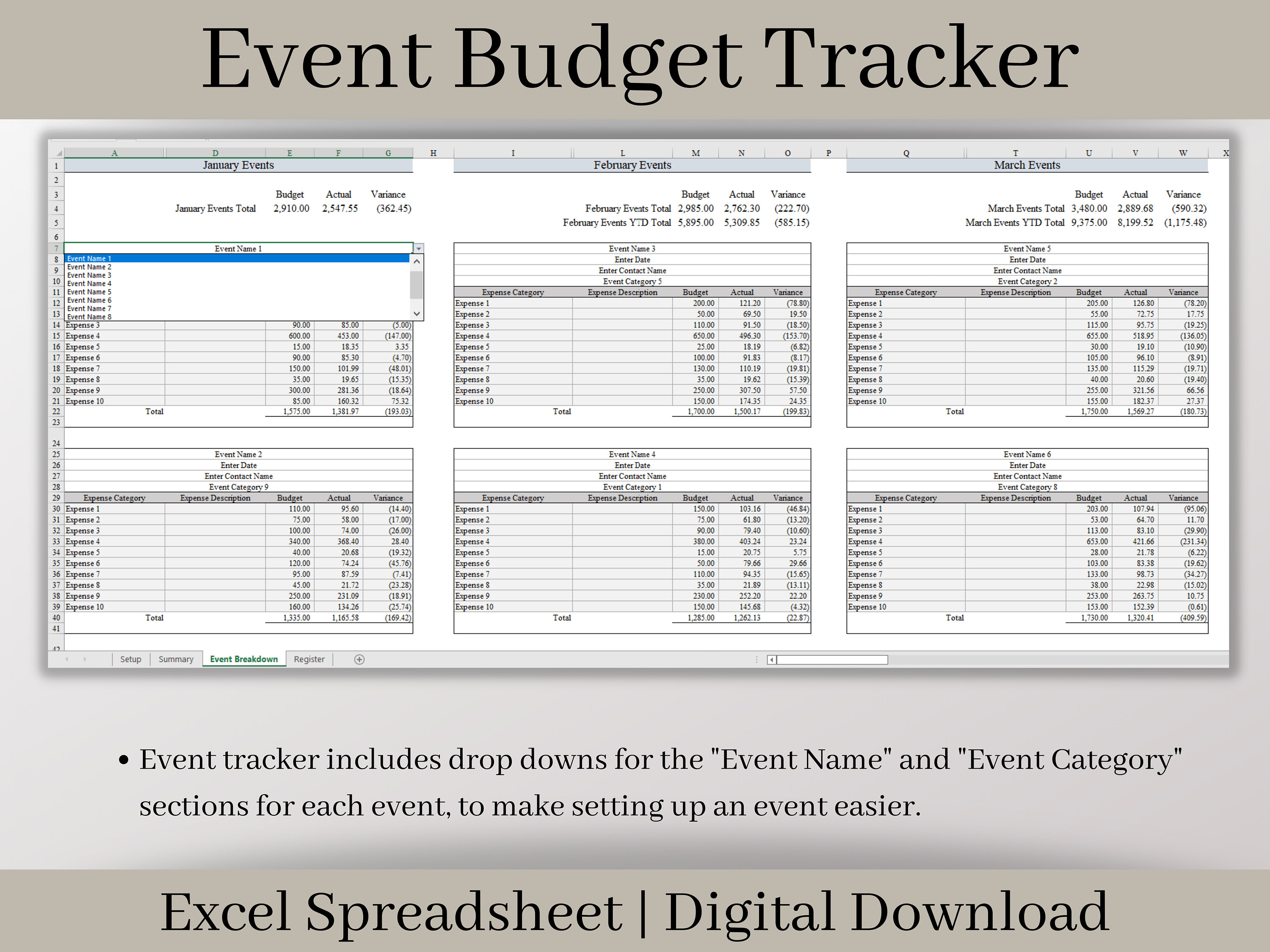 Event Budget Expense Tracker, Excel Template, Track Budgeted and Actual ...