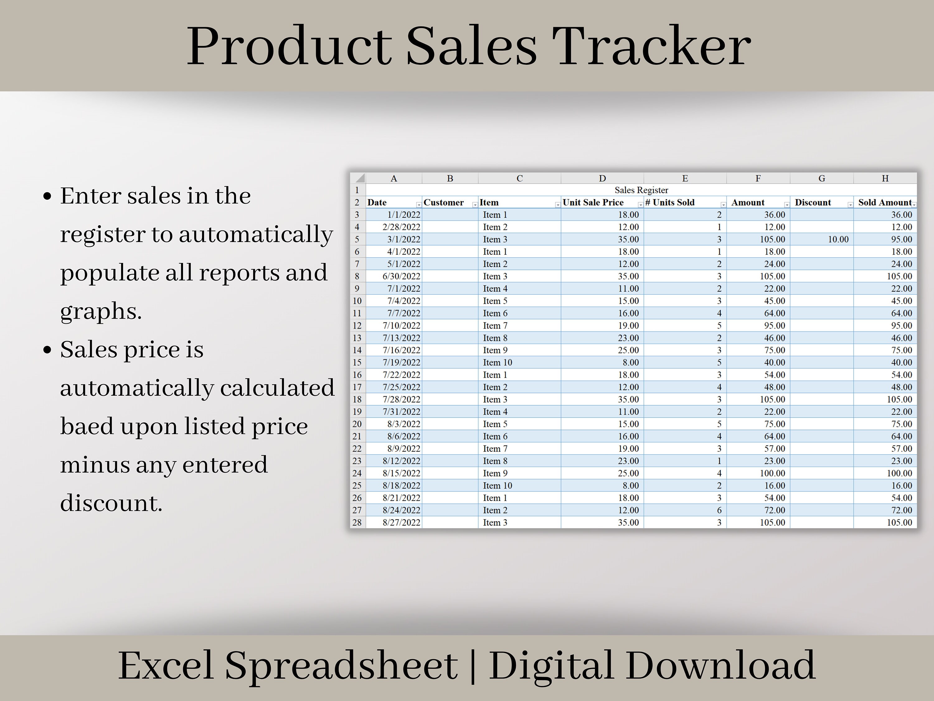 Product Sales Tracker Spreadsheet With Pricing Calculator, Excel ...
