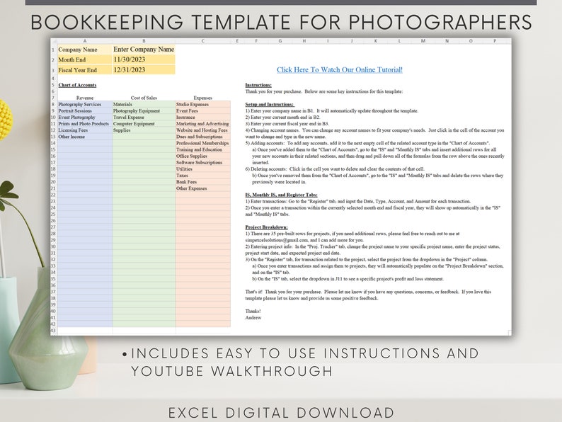 Photographer's Profit and Loss Excel Template: Project Management ...