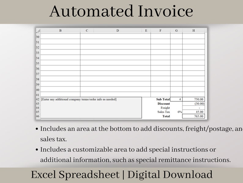 Automated Excel Invoice Template: Customizable Spreadsheet (digital ...
