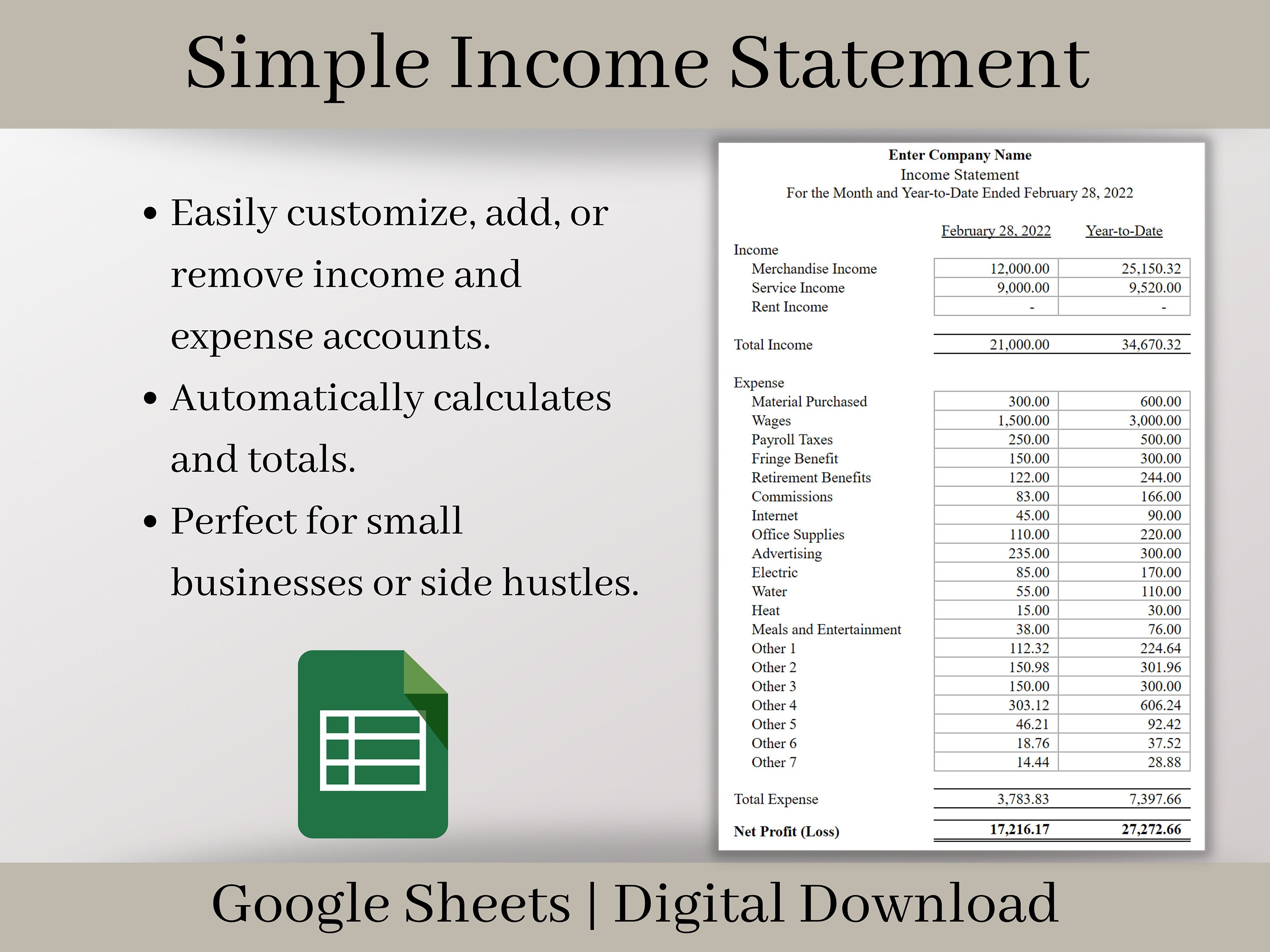 Automated Income Statement Google Sheets Template Easy To Use Profit
