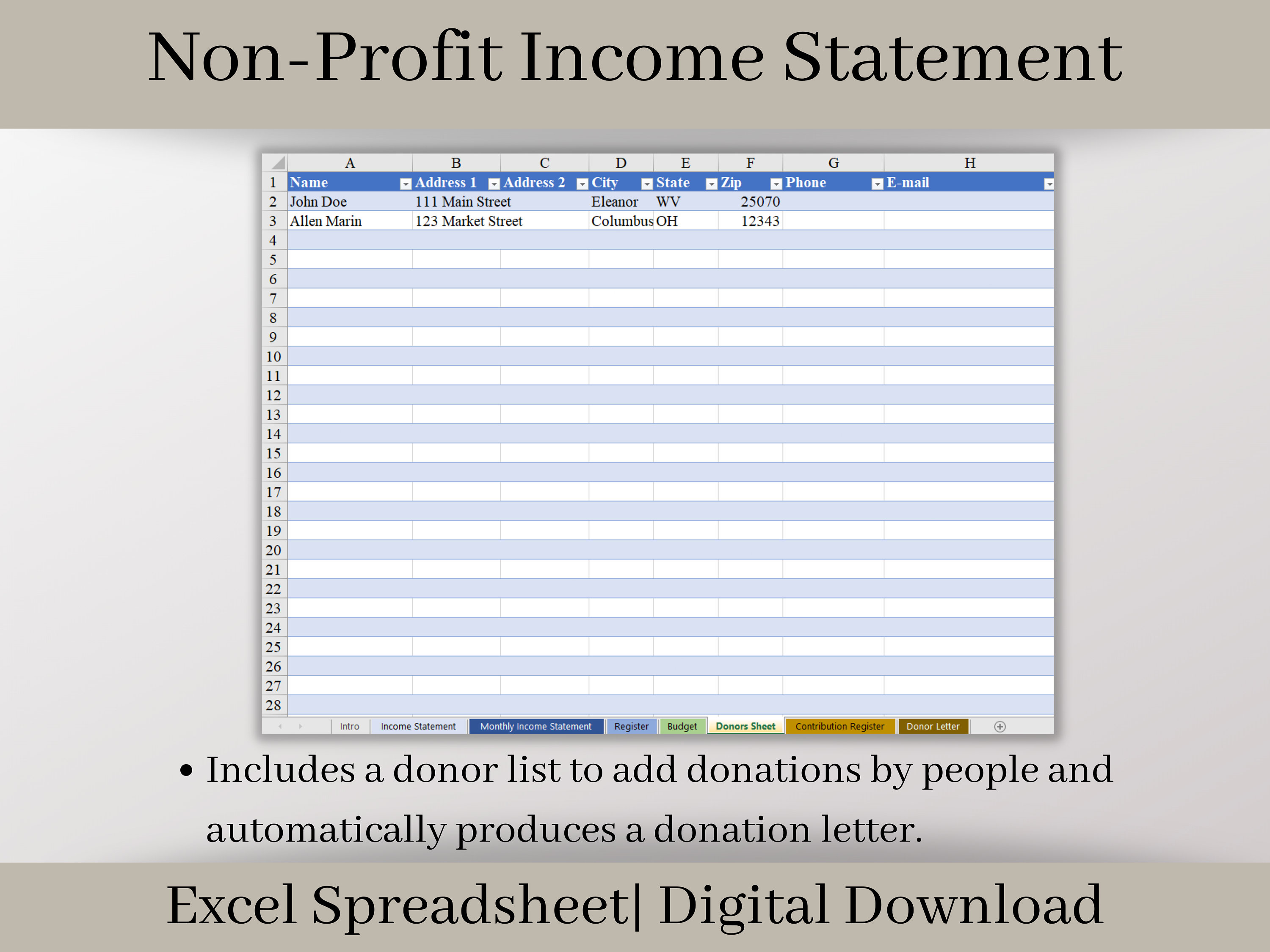 Non-profit Income Statement Excel Template: Charity, Church, Fundraiser ...
