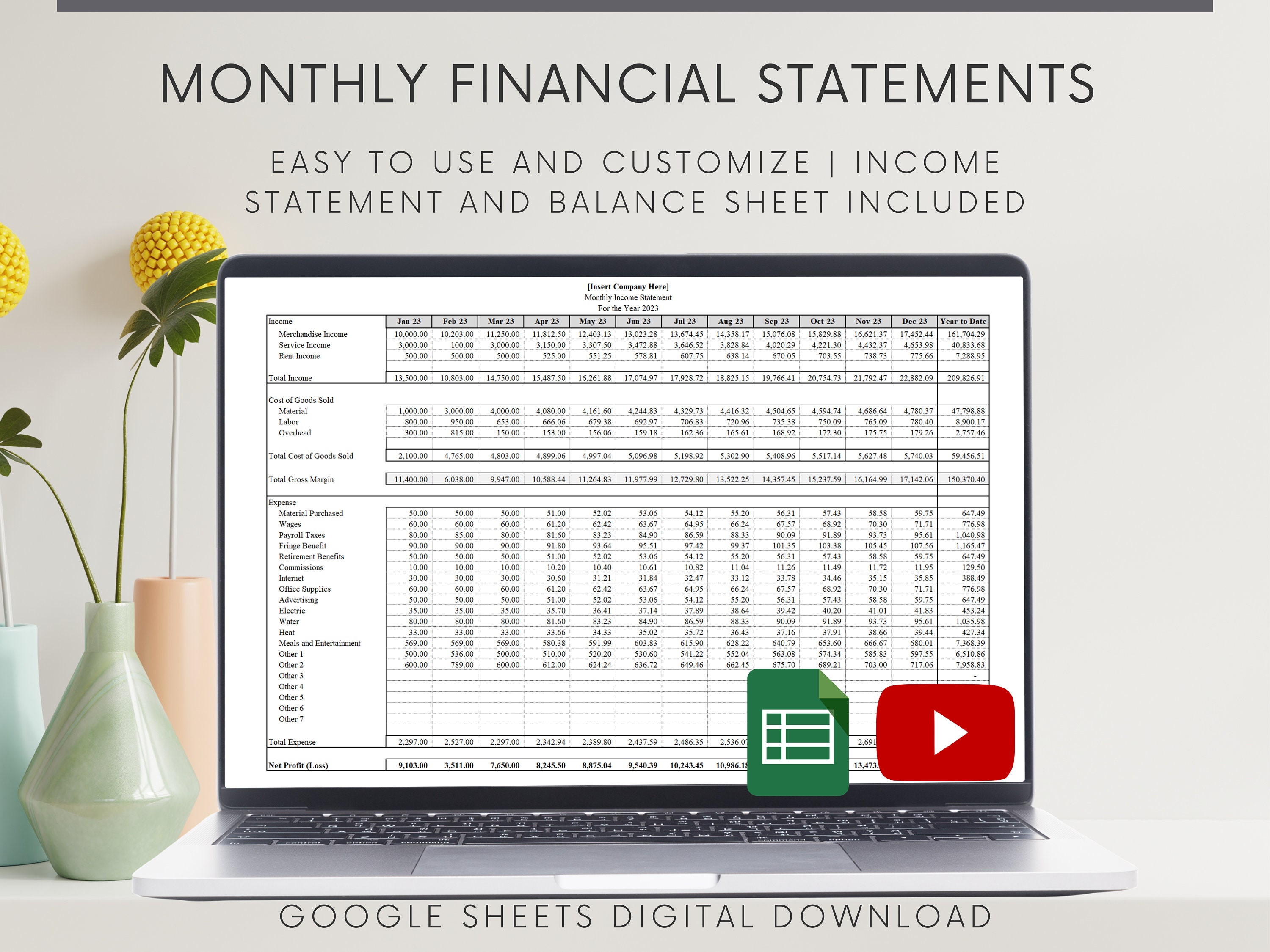 Monthly Income Statement and Balance Sheet, Google Sheets Spreadsheet ...