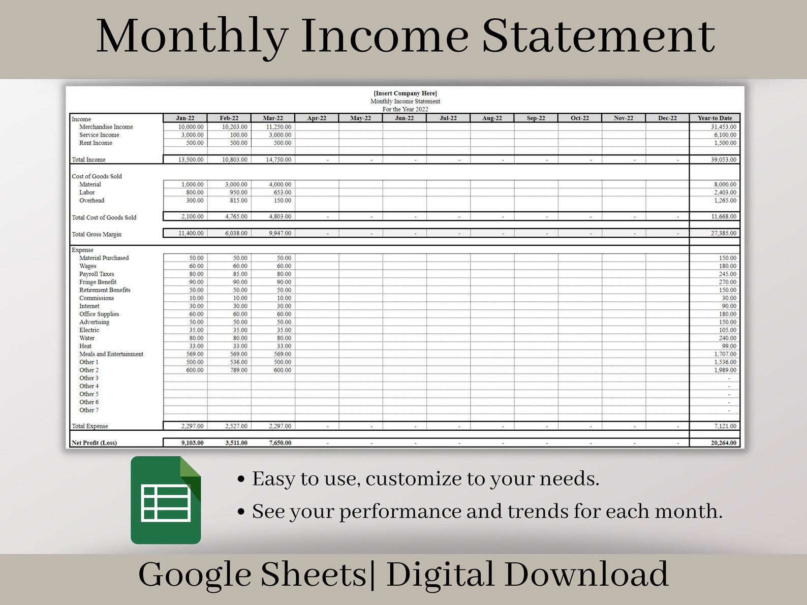 Monthly Income Statement Monthly Profit and Loss Easily - Etsy