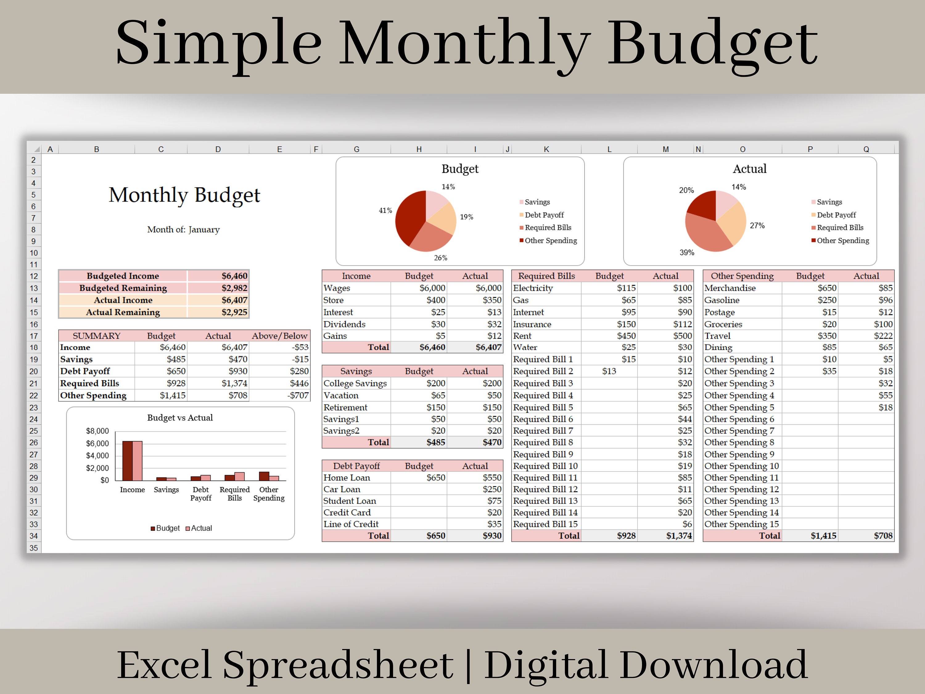 Monthly Budget Spreadsheet, Excel Automated Budget Planner Template ...