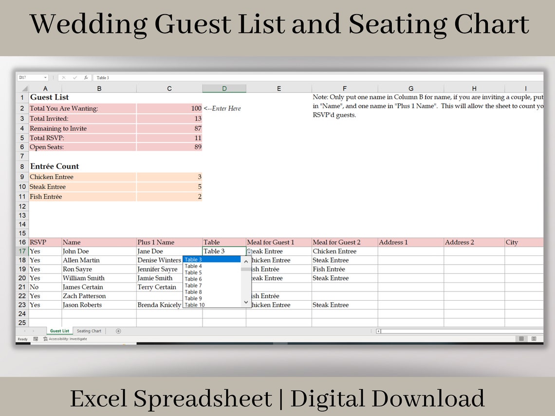 Wedding Guest List and Seating Chart Spreadsheet, Excel Template, Plan ...