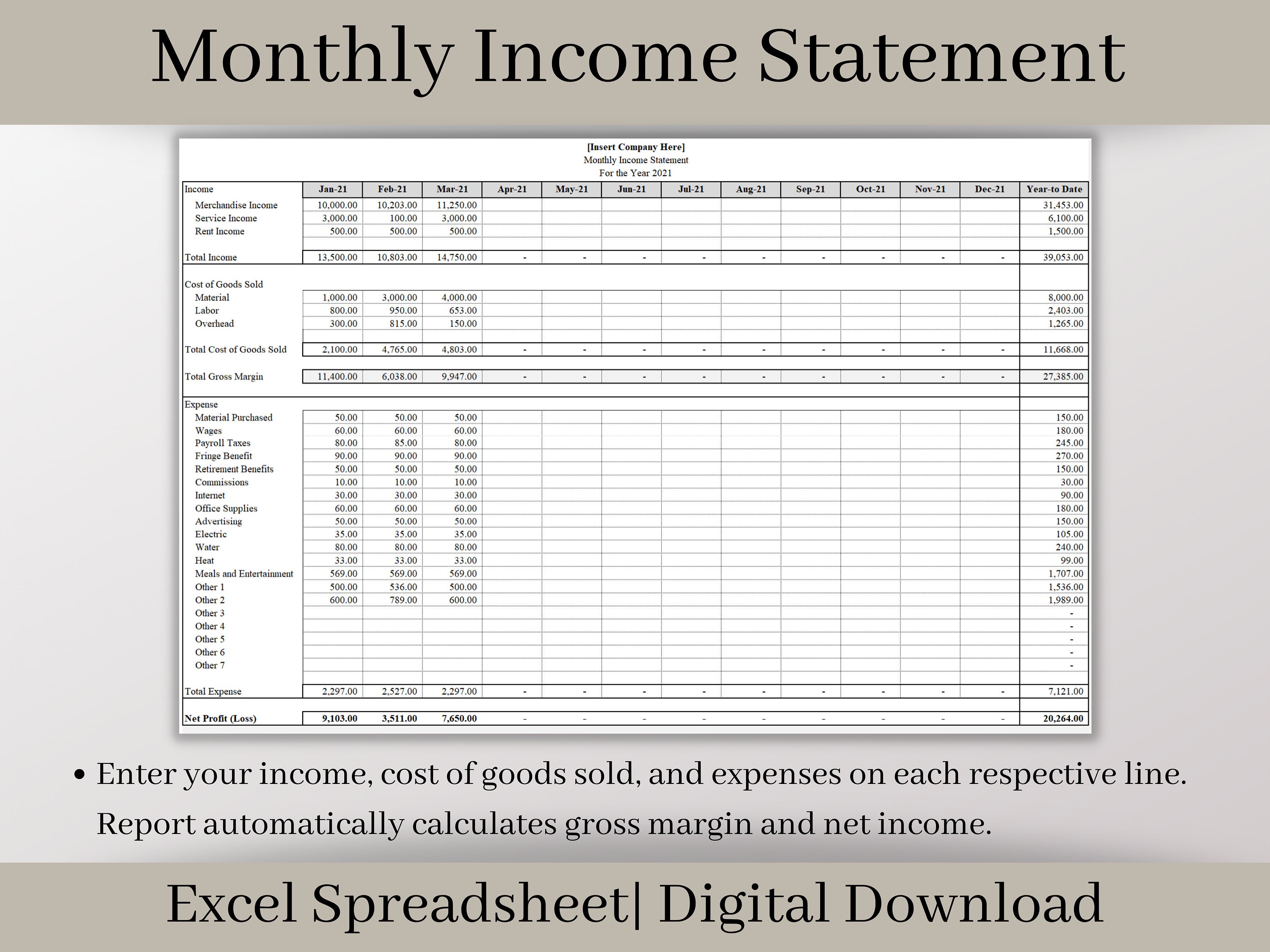 Monthly Income Statement, Monthly Profit and Loss, Easily Fillable and ...
