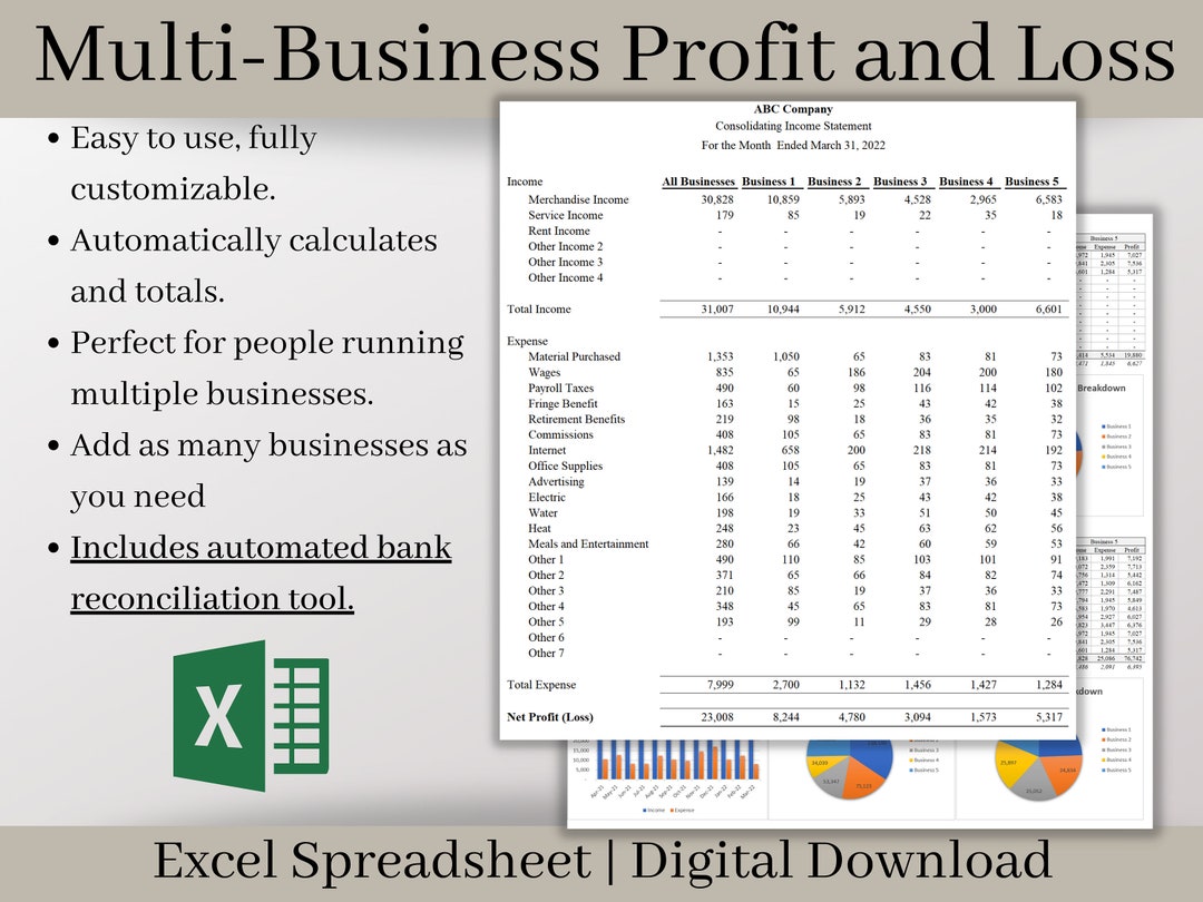 Multi-business Profit and Loss Spreadsheet, Excel Small Business ...