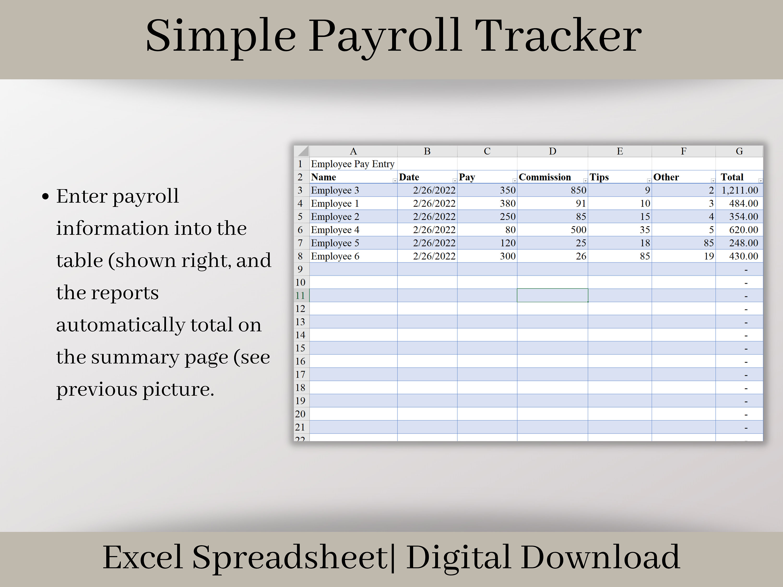 Summary Payroll Report, Easy to Use Employee Payroll Tracker, Summarize ...
