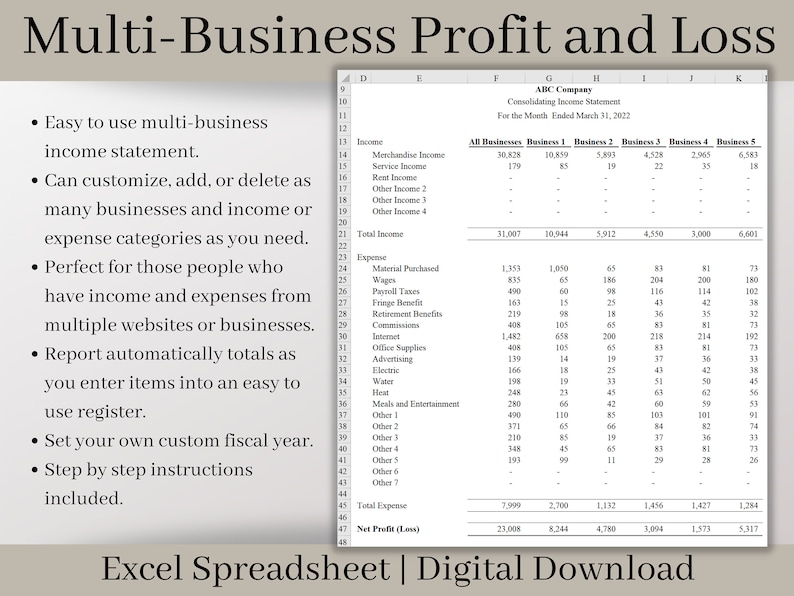 Multi-business Profit and Loss Spreadsheet, Excel Small Business ...