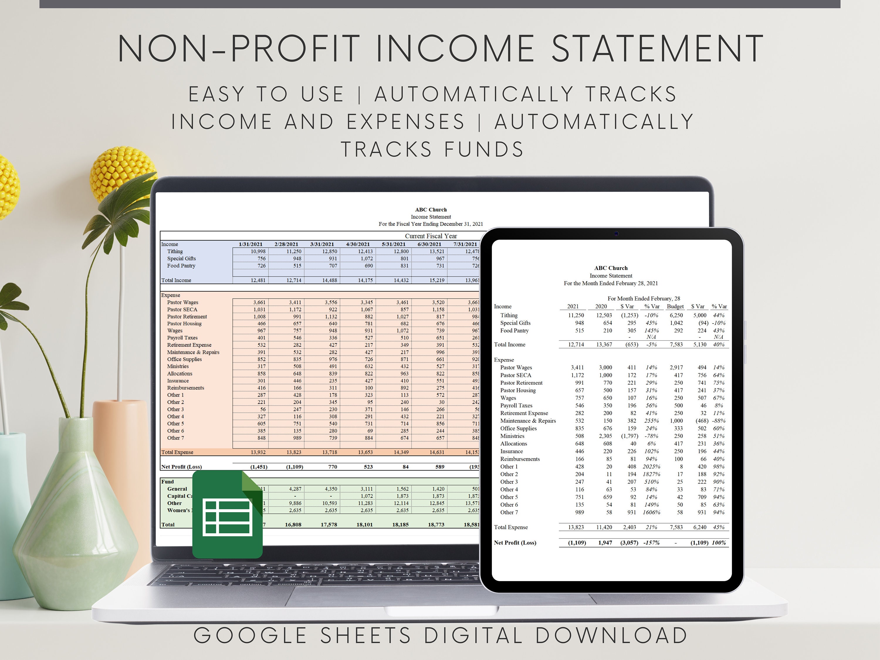 Non-profit Income Statement Google Sheet: Charity & Church Accounting ...