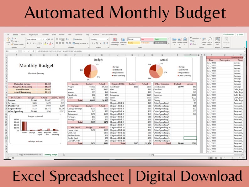 Monthly Budget Spreadsheet Excel Automated Budget Planner | Etsy
