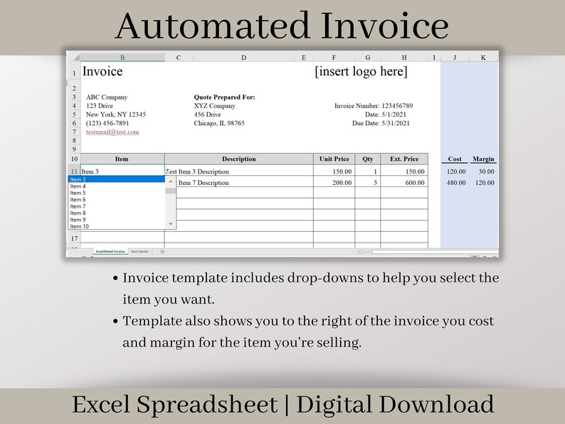 Automated Excel Invoice Template: Customizable Spreadsheet (digital Download) - Etsy