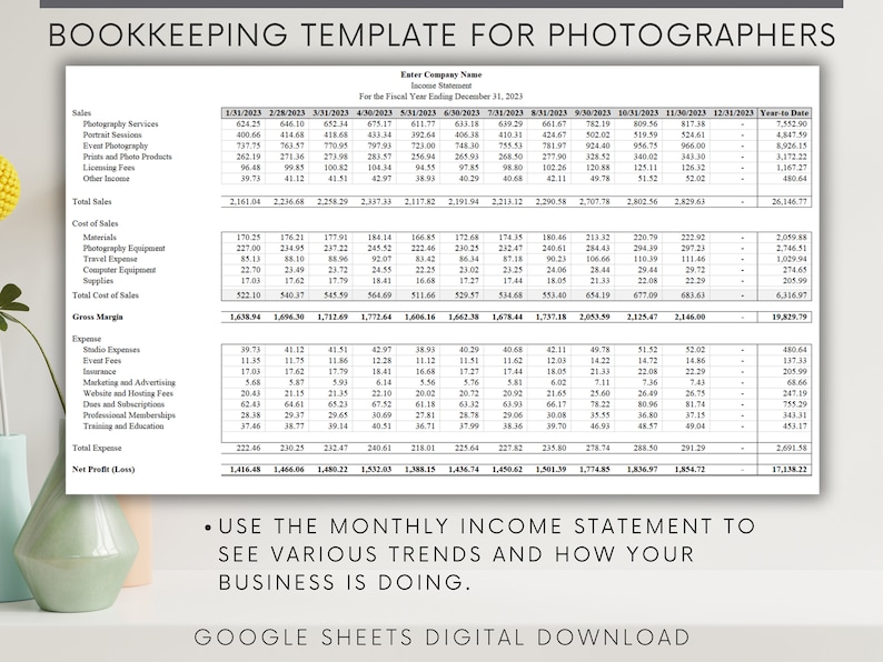Simple Photographer's Bookkeeping Template, Google Sheets Spreadsheet ...