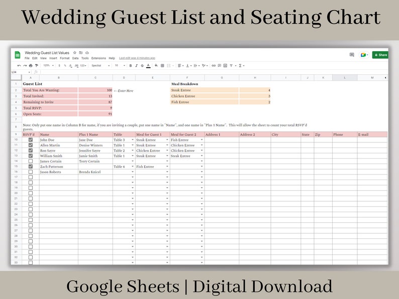 Wedding Guest List & Seating Chart Spreadsheet (google Sheets, Digital ...