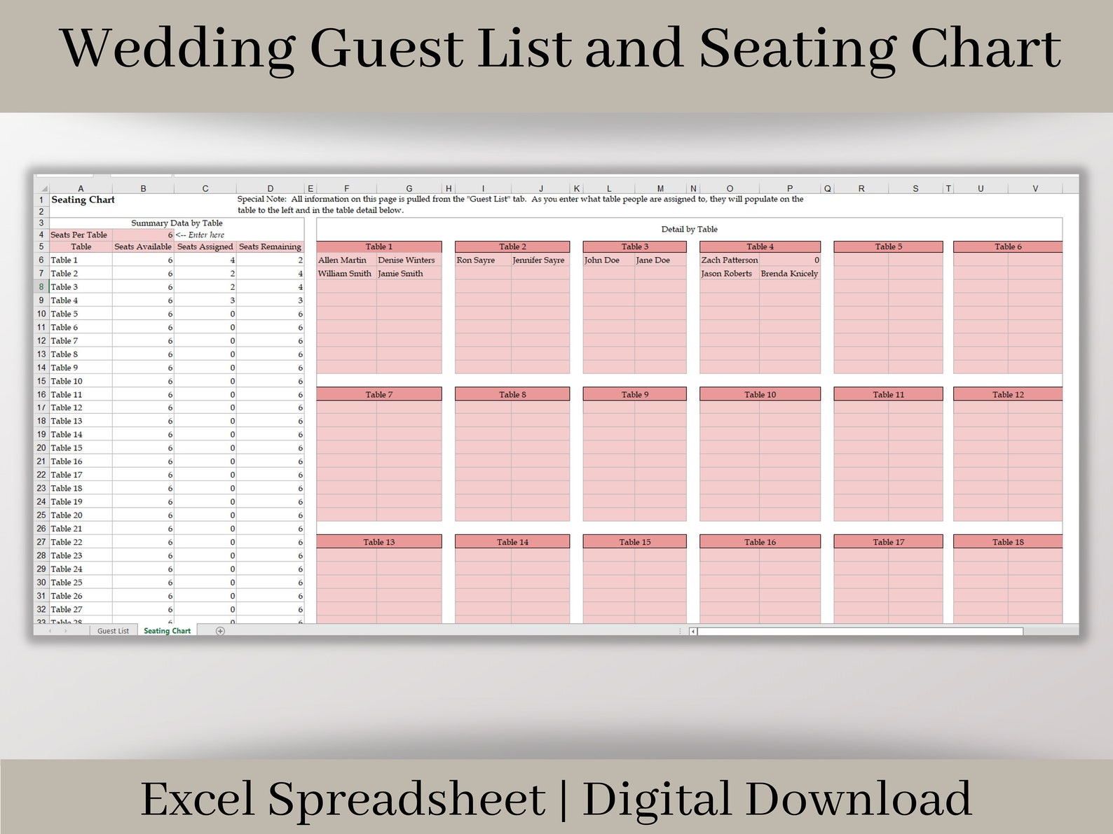 Wedding Guest List and Seating Chart Spreadsheet, Excel Template, Plan ...