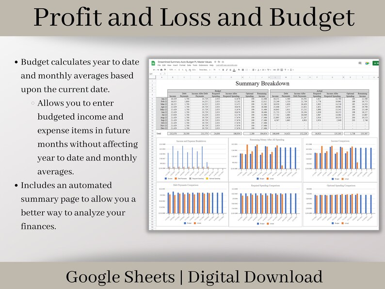 Profit and Loss and Monthly Budget Spreadsheet. Google Sheets. Track ...