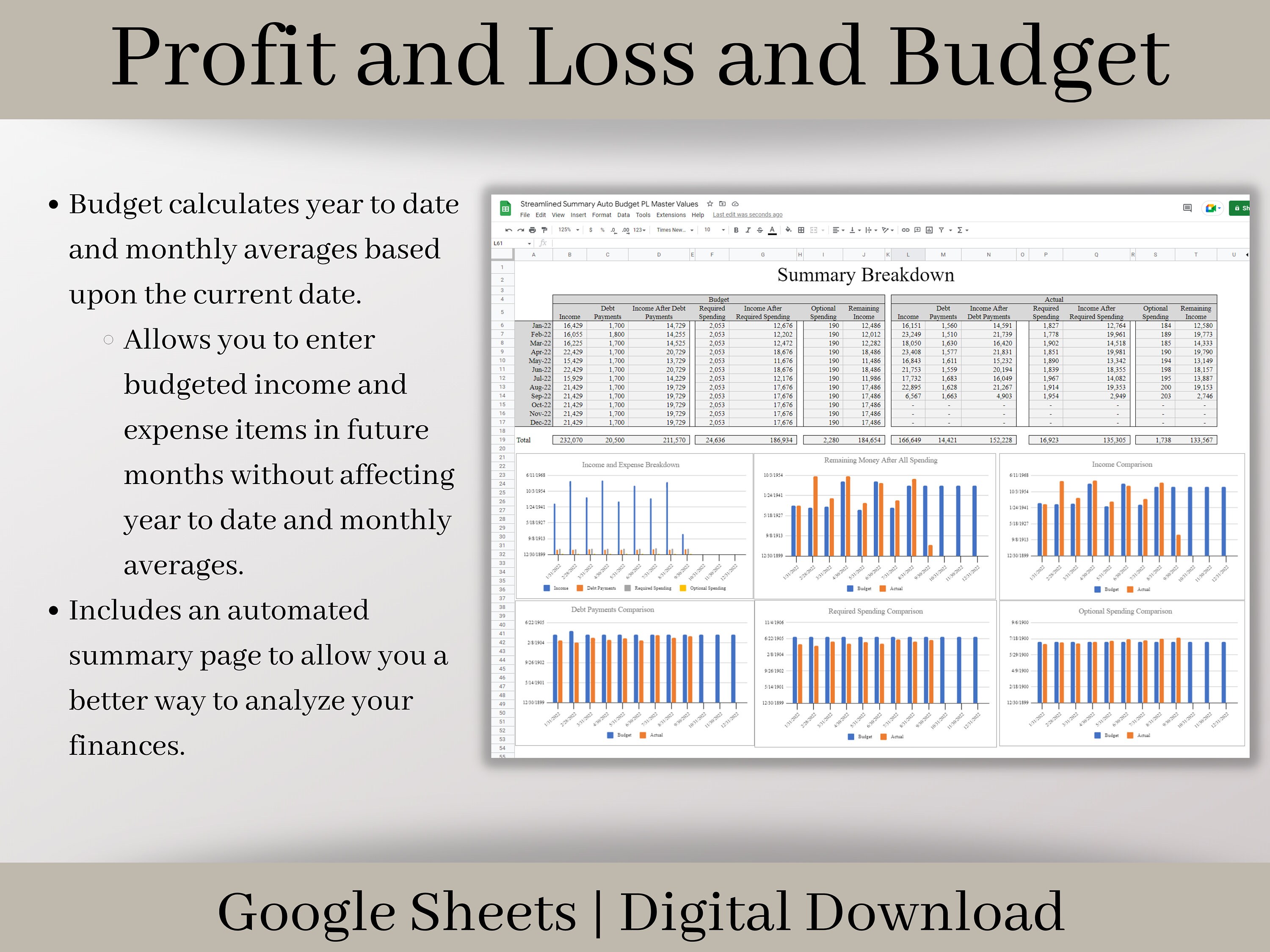 Profit and Loss and Monthly Budget Spreadsheet. Google Sheets. Track ...