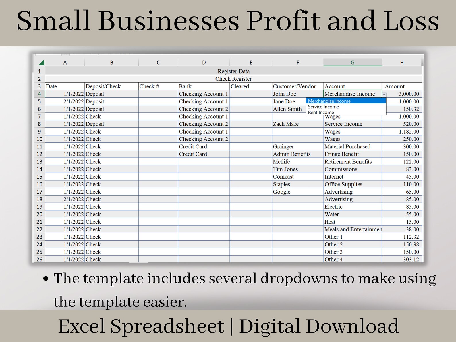 Small Business Bookkeeping Template Profit and Loss Excel - Etsy