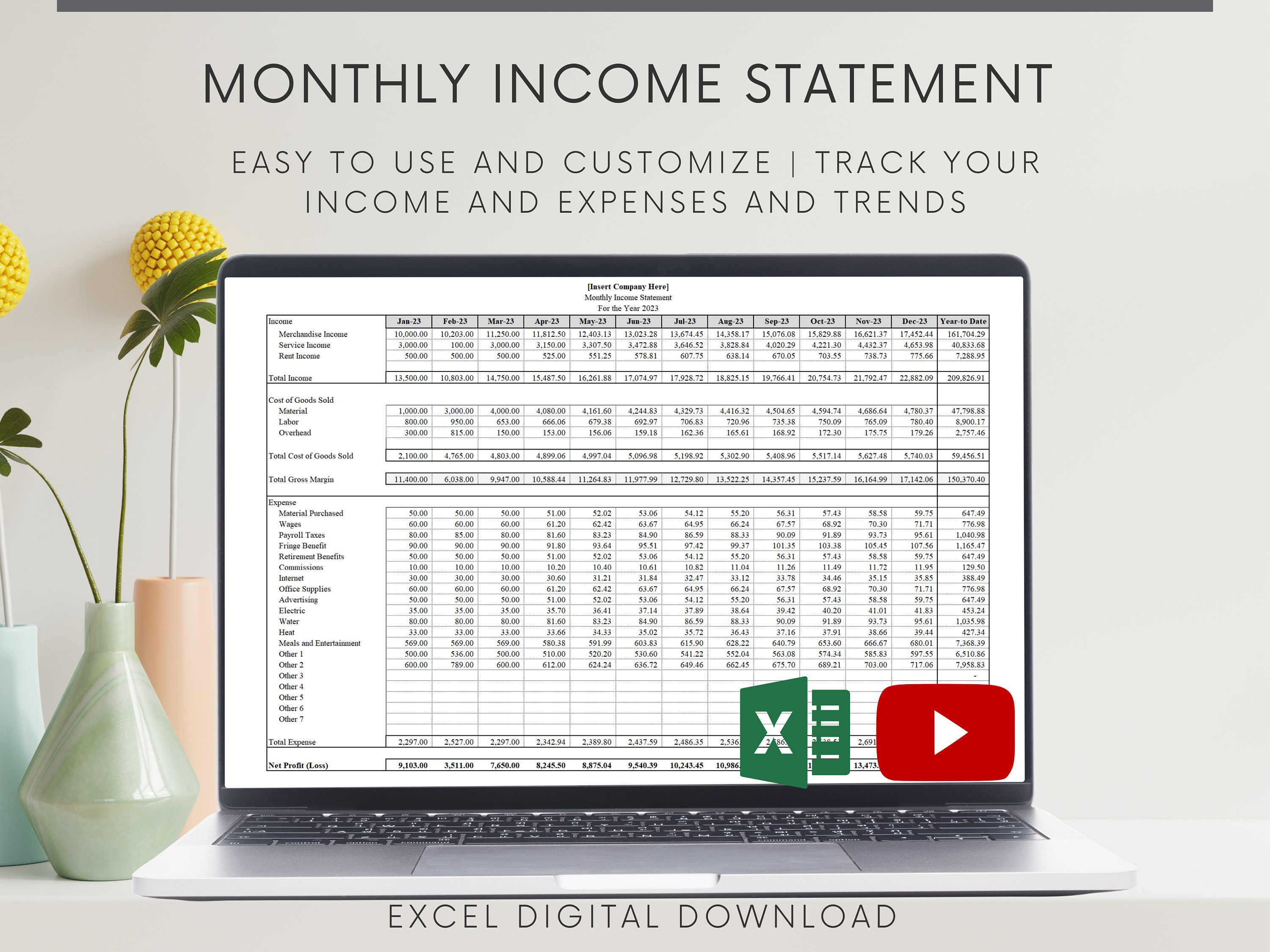 Monthly Income Statement, Monthly Profit and Loss, Easily Fillable and ...